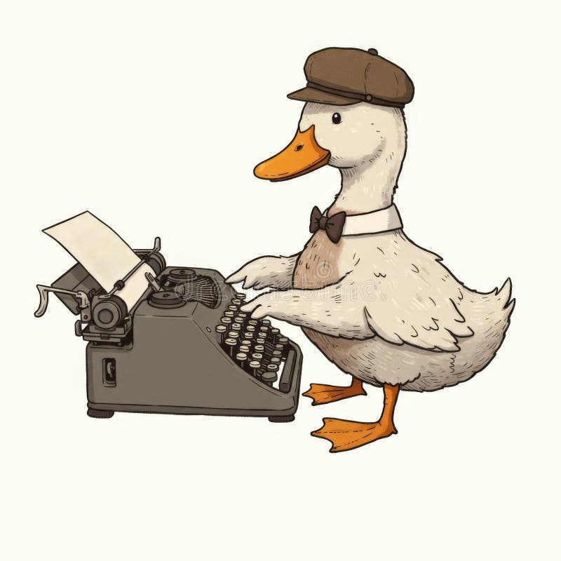 Cute Duck Wearing Hat and Bow Tie Typing on Vintage Typewriter Stock ...