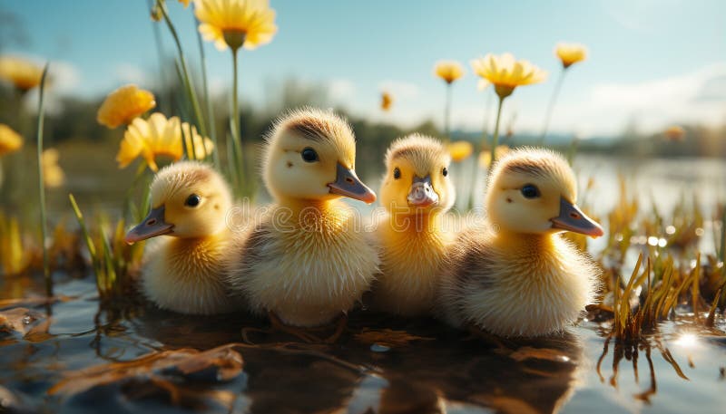 Cute Duckling and Fluffy Gosling Enjoy the Outdoors in Spring Generated ...
