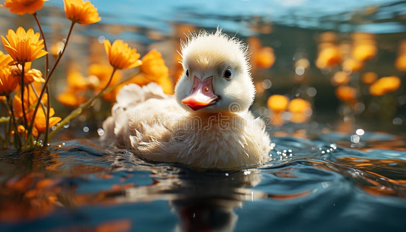 Cute Duckling Quacking Near Pond, Surrounded by Nature Beauty Generated ...
