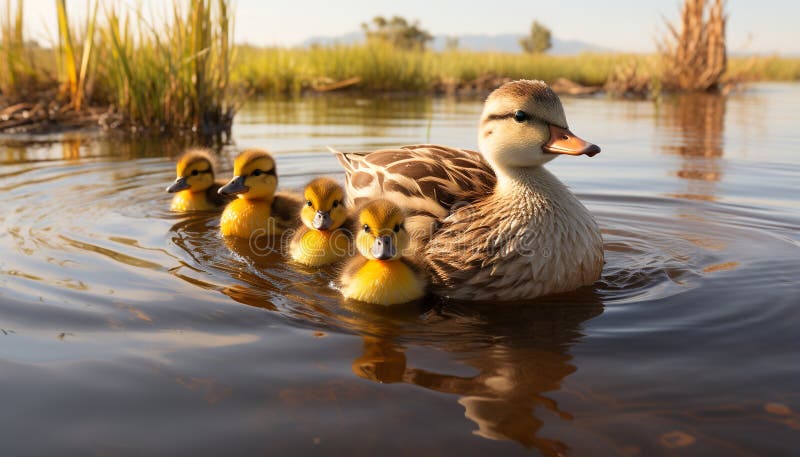 Cute Duckling Reflects Beauty in Nature, Surrounded by Water and Grass ...