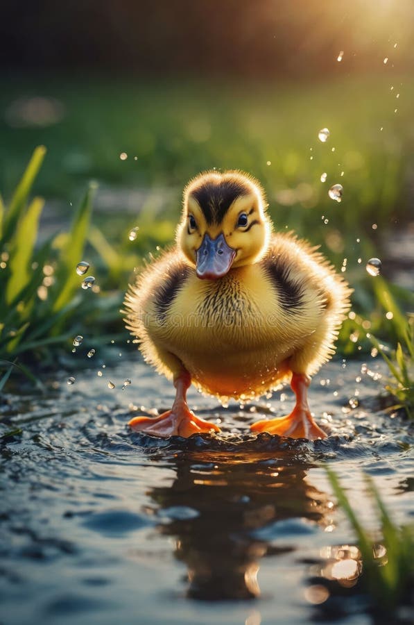 Adorable Baby Duckling in Water Splash at Sunset Stock Illustration ...