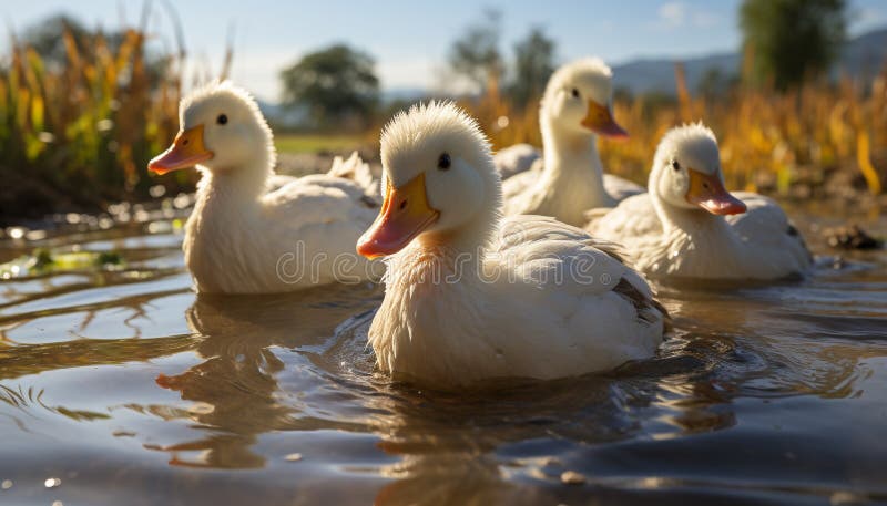 Cute Duckling Waddling in the Pond, Surrounded by Nature Generated by ...