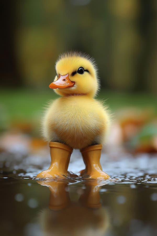 Cute Duckling Wearing Yellow Boots Standing in Puddle Stock ...