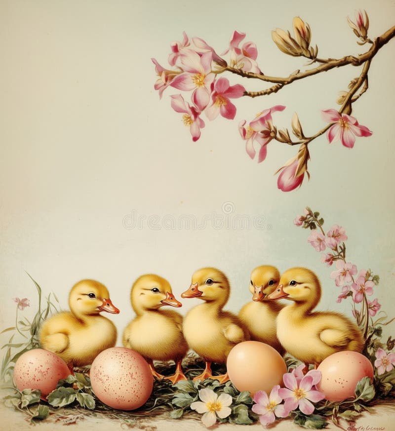 Cute Ducklings Hatching from Eggs Surrounded by Flowers in Springtime ...