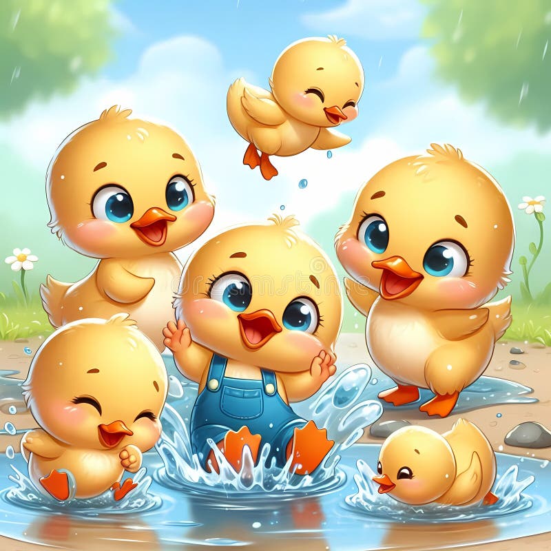 The Cute Ducklings Playing in Joyful, at the Puddle with Splashes Water ...