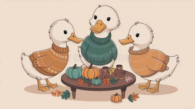 Cute Ducks in Cozy Sweaters Gathered Around Autumn Decorations Stock ...