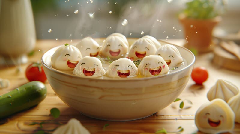 Cute Dumplings in a Soup Bowl with Happy Faces in a Cozy Kitchen ...