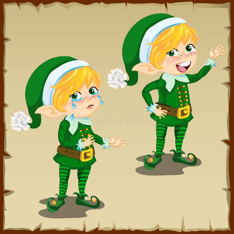 Cute Dwarf in Green with Sad and Happy Emotions Stock Vector ...