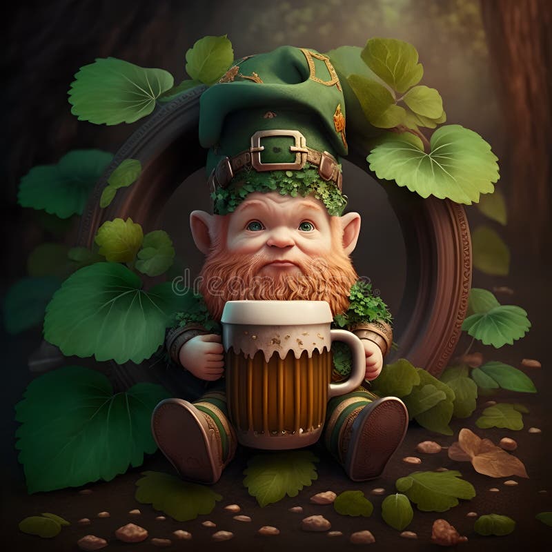 Cute Dwarf Saint Patrick with a Green Hat, Red Beard and a Mug of Beer ...