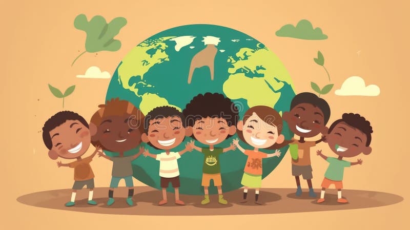 Cute Earth Model Surrounded with Multicultural Children Standing Around ...
