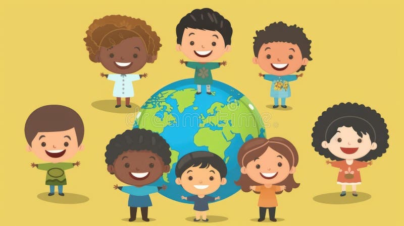 Cute Earth Model Surrounded with Multicultural Children Standing Around ...