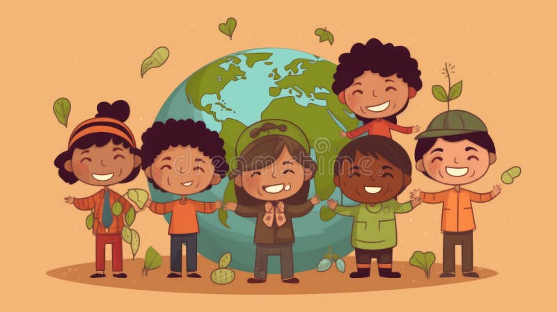 Cute Earth Model Surrounded with Multicultural Children Standing Around ...