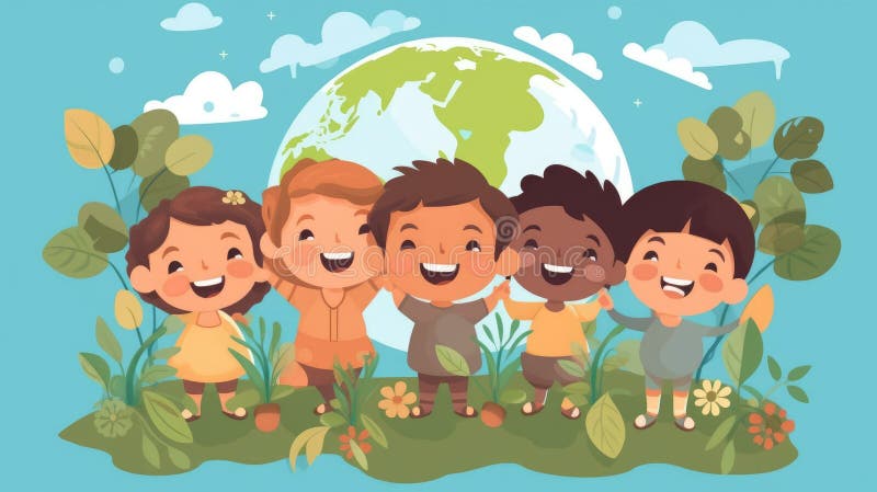 Cute Earth Model Surrounded with Multicultural Children Standing Around ...