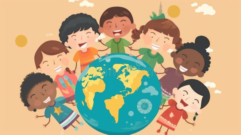 Cute Earth Model Surrounded with Multicultural Children Standing Around ...