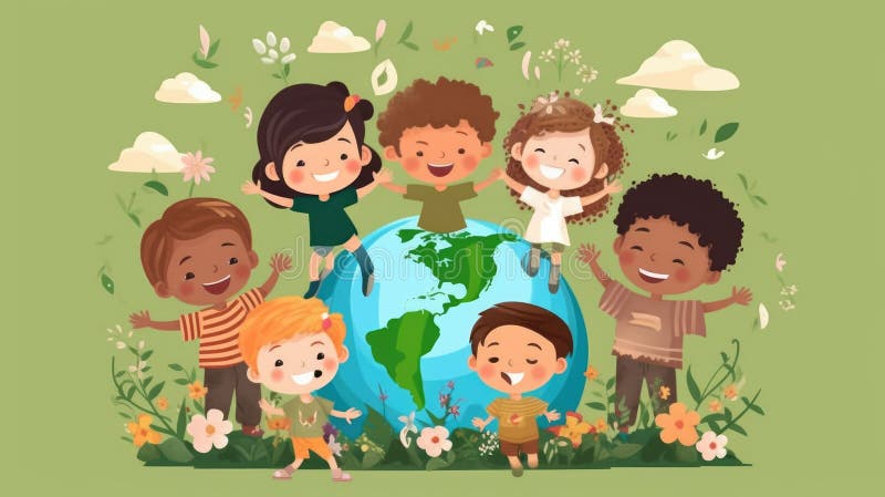 Cute Earth Model Surrounded with Multicultural Children Standing Around ...