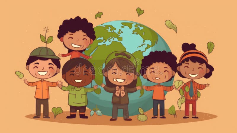 Cute Earth Model Surrounded with Multicultural Children Standing Around ...