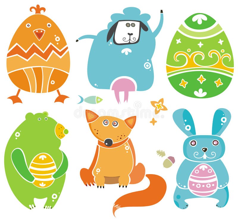 Cute Easter Animals with Eggs. Stock Vector - Illustration of bunny ...