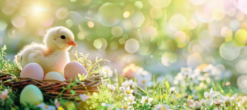 Cute Easter Banner with Baby Chick and Pastel Eggs in Spring Garden ...