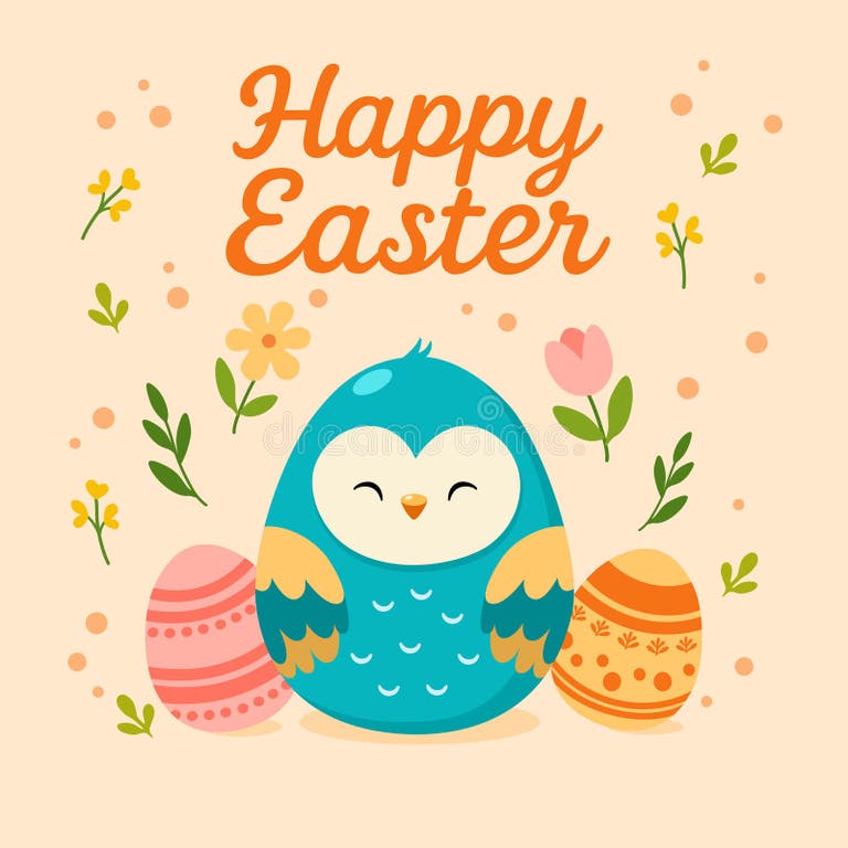 Cute Easter Bird with Easter Eggs, Cartoon Happy Easter Illustration ...