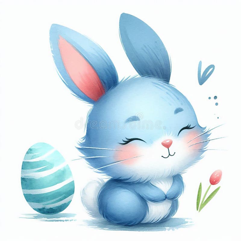 Cute Easter Blue Bunny. Brushstroke Bunny and Egg. Watercolor ...