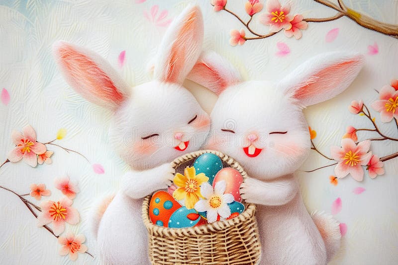Cute Easter Bunnies with Basket of Eggs and Flowers on White Background Stock Illustration ...