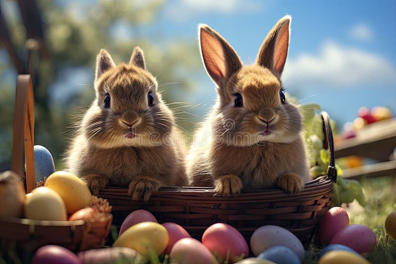 Cute Easter Bunnies among Colored Eggs in Baskets on a Green Lawn on a ...