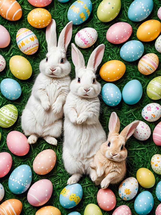 Cute Easter Bunnies and Colorful Eggs on Green Grass Stock Illustration ...