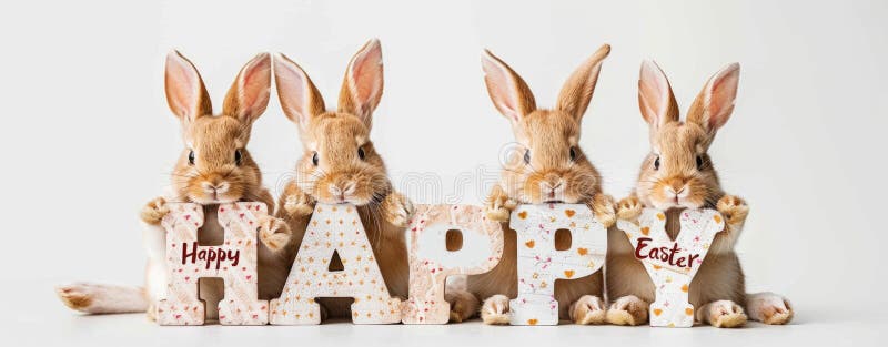 Cute Easter Bunnies Holding Letters with Happy Easter Greetings Stock ...