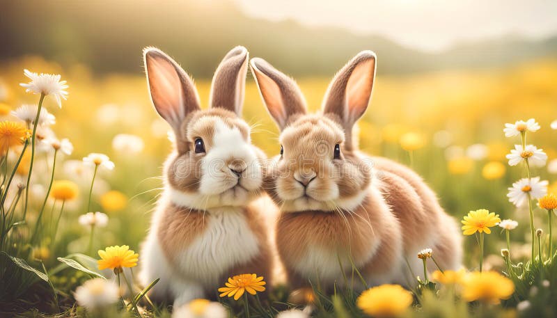 Cute Easter Bunnies in Spring Meadow Stock Illustration - Illustration ...