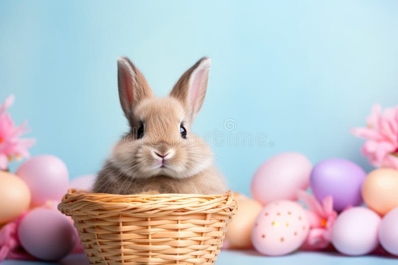 Cute Easter Bunny in Basket with Colorful Eggs AI Generated Stock ...