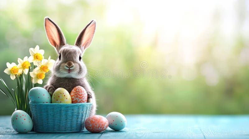 Cute Easter Bunny in Basket with Colorful Eggs, Daffodils, and Green ...