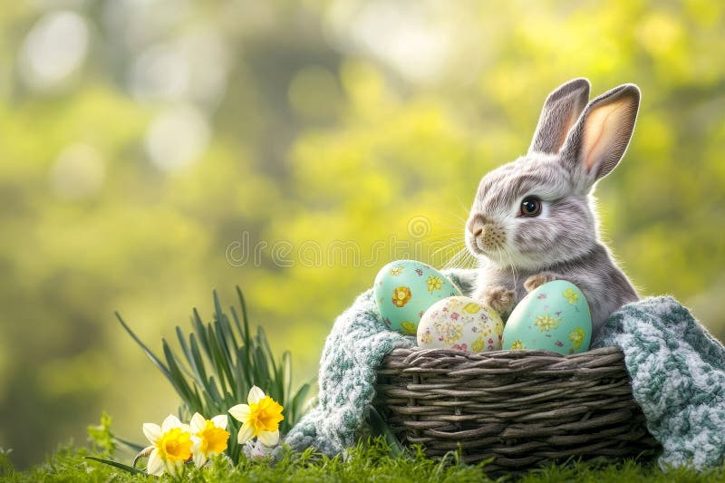 Cute Easter Bunny in Basket with Colorful Eggs and Daffodils , Spring ...