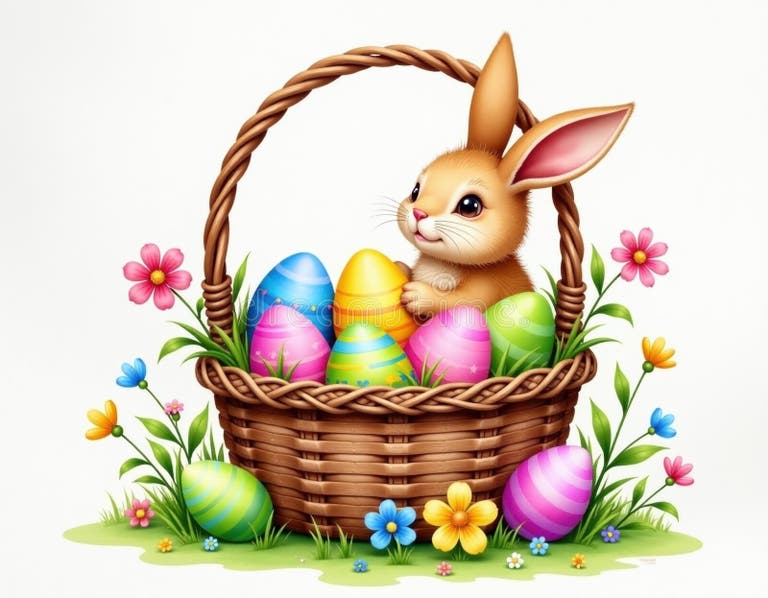 Cute Easter Bunny in a Basket with Colorful Eggs Stock Illustration ...
