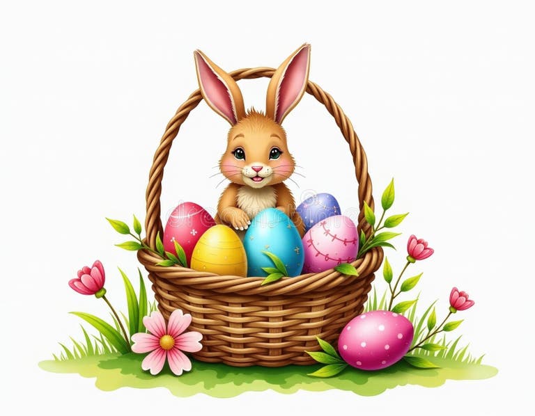 Cute Easter Bunny in a Basket with Colorful Eggs Stock Illustration ...
