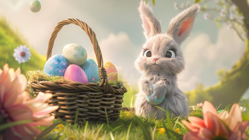 Cute Easter Bunny and Basket of Colorful Eggs Outdoors Stock ...