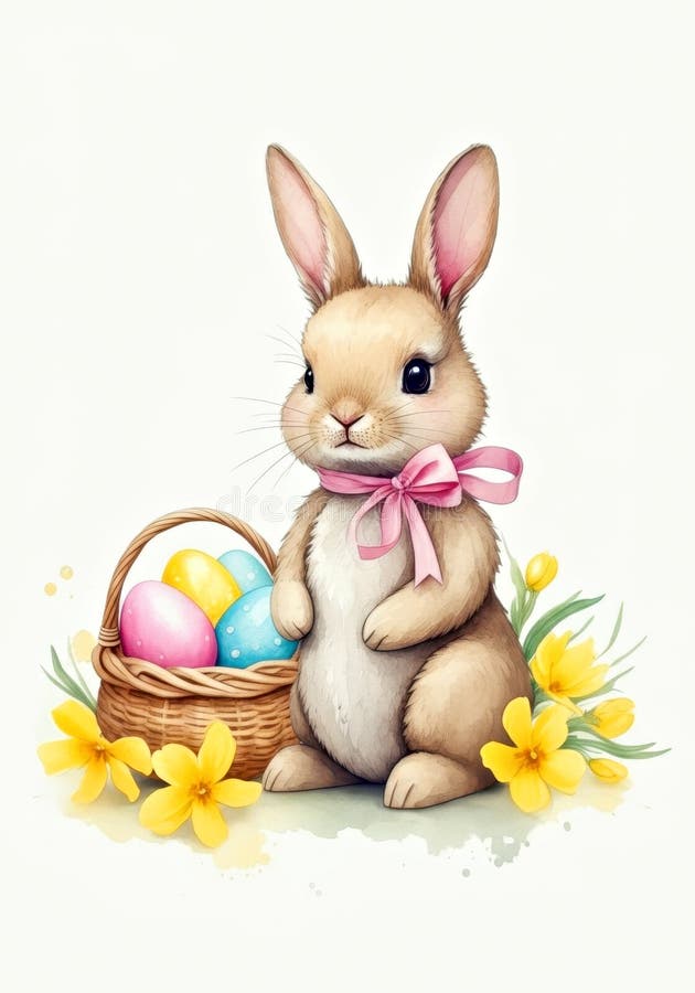Cute Easter Bunny with Basket of Colorful Eggs and Spring Flowers ...