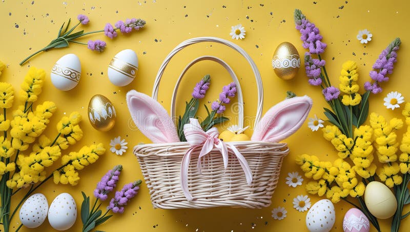 Cute Easter Bunny in Basket with Decorated Eggs and Spring Flowers ...
