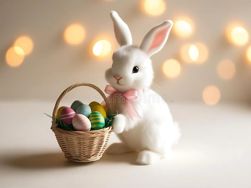 Cute Easter Bunny and Basket of Easter Eggs Stock Image - Image of ...