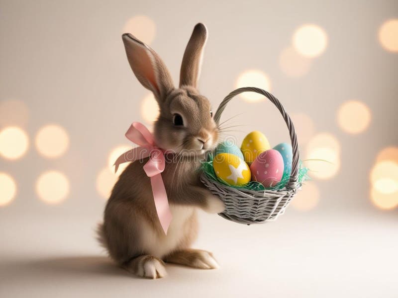 Cute Easter Bunny and Basket of Easter Eggs Stock Image - Image of ...