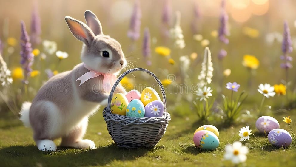 Cute Easter Bunny and Basket of Easter Eggs Stock Photo - Image of ...