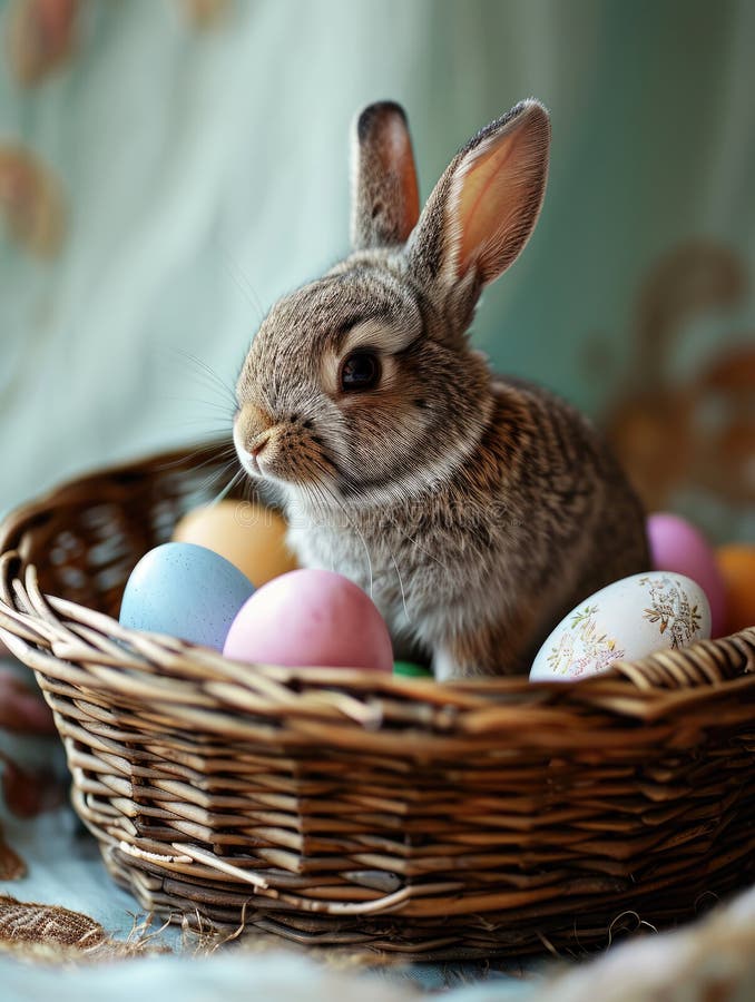 Cute Easter Bunny in Basket with Eggs on Dark Background. AI Generation ...