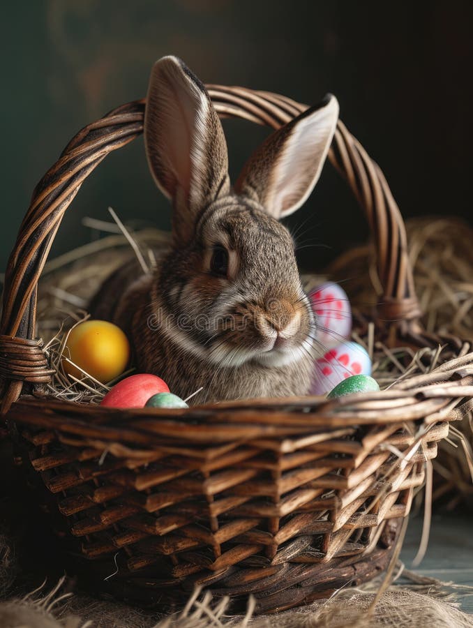 Cute Easter Bunny in Basket with Eggs on Dark Background. AI Generation ...