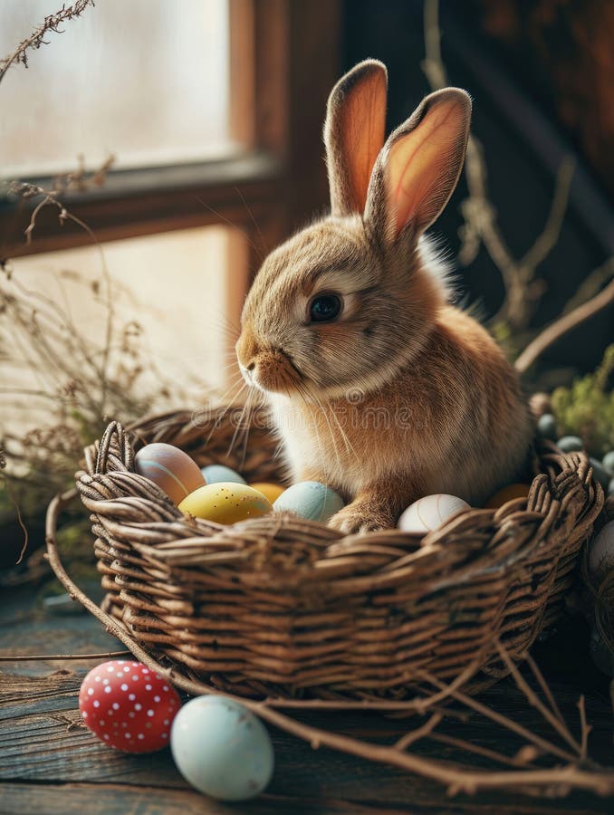 Cute Easter Bunny in Basket with Eggs on Dark Background. AI Generation ...