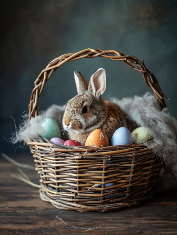 Cute Easter Bunny in Basket with Eggs on Dark Background. AI Generation ...
