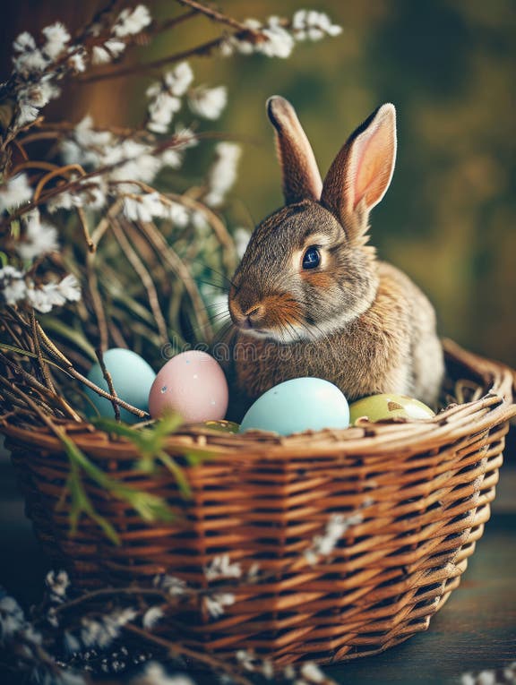 Cute Easter Bunny in Basket with Eggs on Dark Background. AI Generation ...