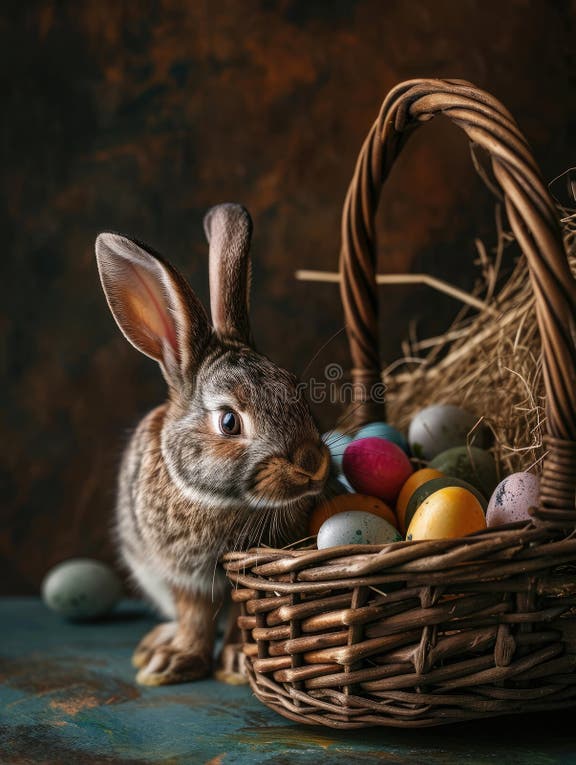 Cute Easter Bunny in Basket with Eggs on Dark Background. AI Generation ...
