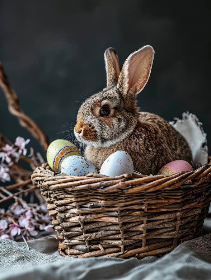 Cute Easter Bunny in Basket with Eggs on Dark Background. AI Generation ...