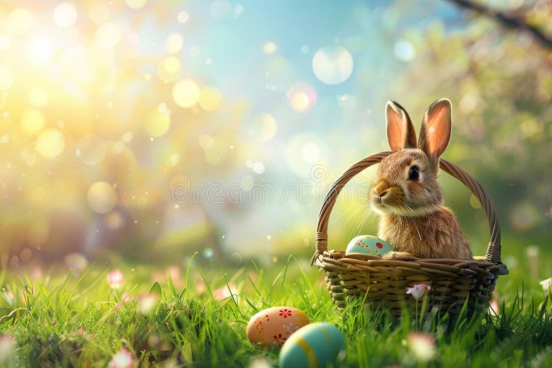 Cute Easter Bunny in a Basket with Eggs on Green Grass Stock ...