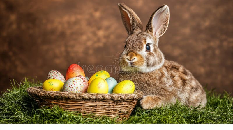 Cute Easter Bunny in a Basket Filled with Easter Eggs, Offering Copy ...