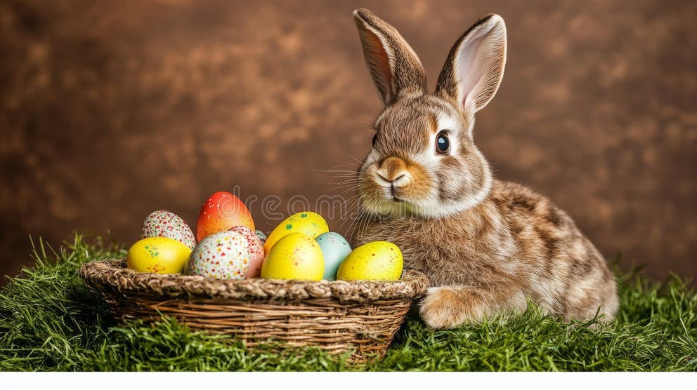 Cute Easter Bunny in a Basket Filled with Easter Eggs, Offering Copy ...